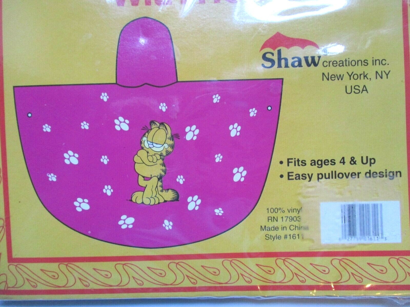 Garfield Vinyl Child's Pullover Rain Poncho & Hood Ages 4 & Up 1999 ...