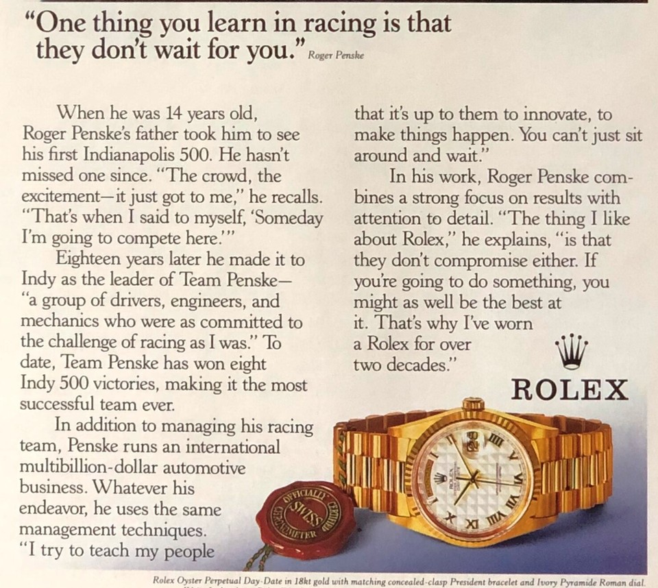 1993 Rolex Watch Advertisement Roger Penske Racing Oyster Perpetual Vtg ...