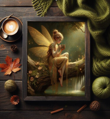Fairy drinking Coffee in Forest Fantasy Vintage 18th century painting ...
