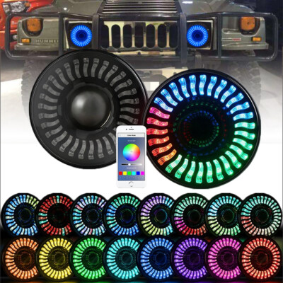 2x 7'' 3D RGB LED Headlights Angel Eye Halo DRL Round Headlamp for ...