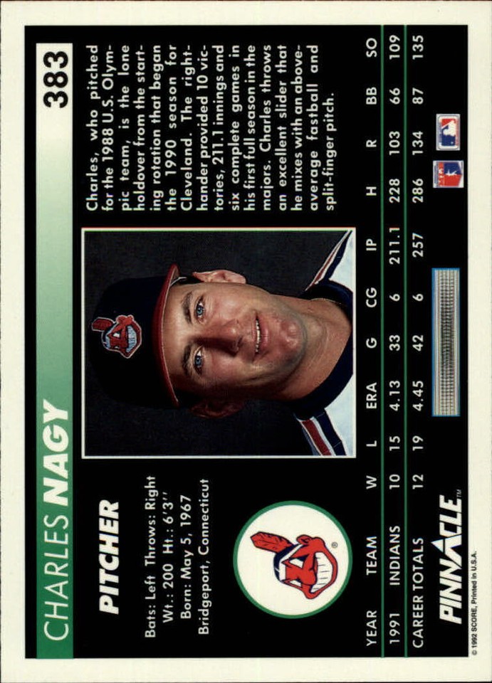 1992 Pinnacle Baseball Card #383 Charles Nagy | eBay