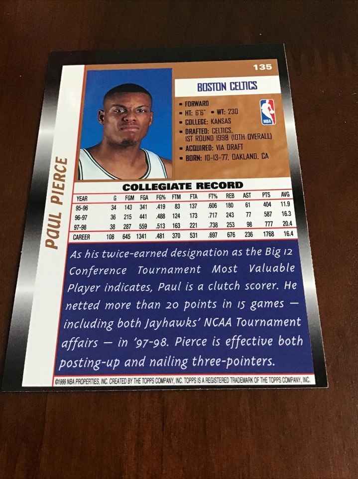 1998-99 Topps Paul Pierce Base Rookie Card #135 Boston Celtics RC | eBay