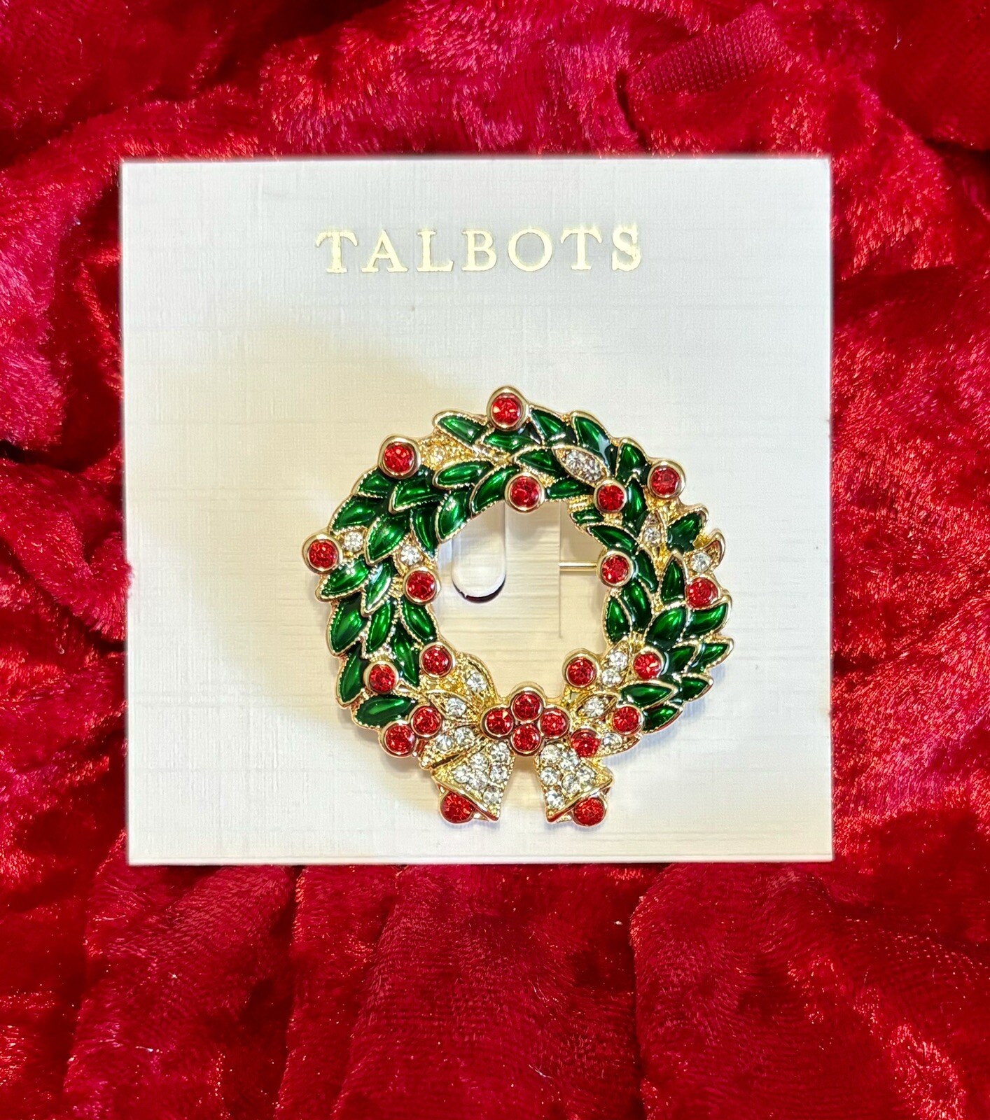 TALBOTS - RED & GREEN PAVE CRYSTAL CHRISTMAS WREATH BROOCH/LAPEL PIN ...