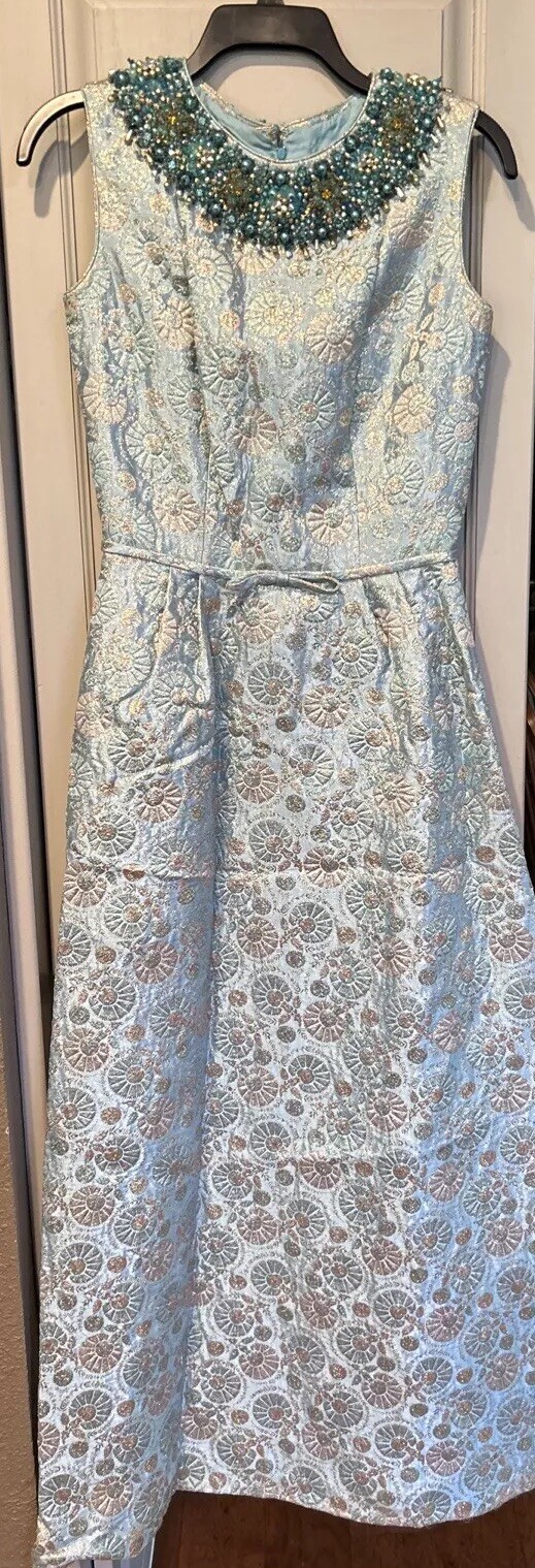 1969 Formal Gown Satin Brocade Sea Foam Blue Green Go… - Gem