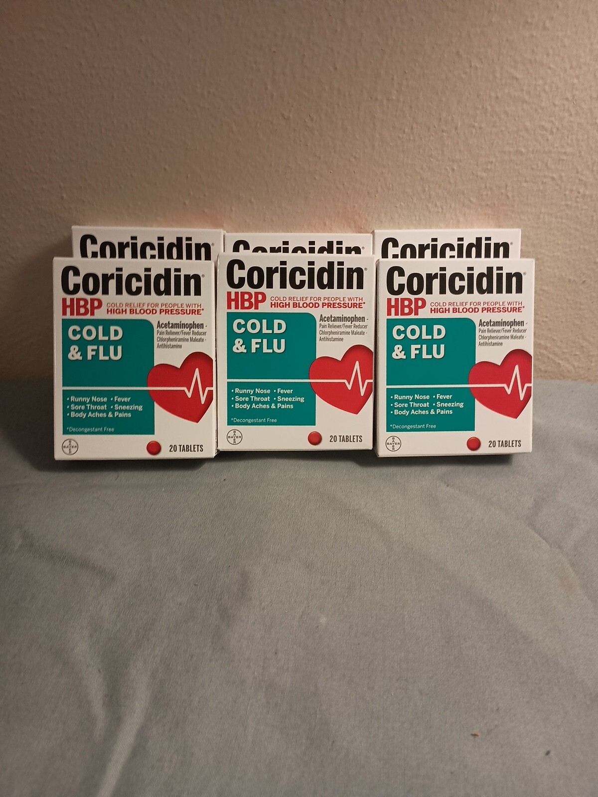 Lot of 6 Coricidin HBP Cold & Flu 20 Tablets Ea. High Blood Pressure ...