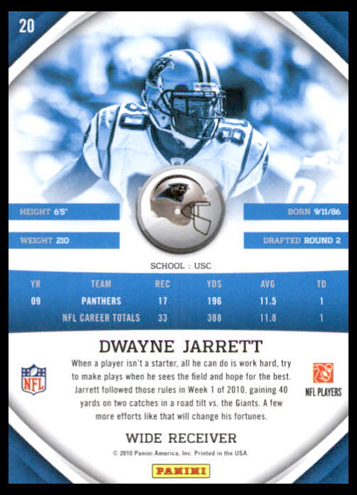 2010 Panini Gridiron Gear #20 Dwayne Jarrett Carolina Panthers Football ...