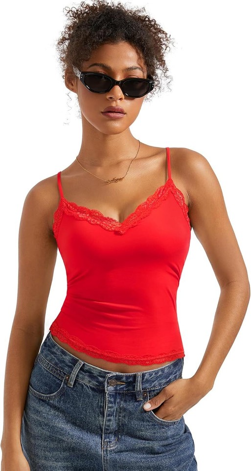 Women Sexy V Neck Tank Top with Built In Bra Lace Double Lined Summer ...