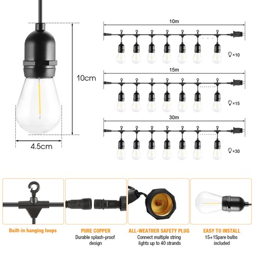 65FT Festoon Outdoor String Lights Mains Powered S14 20+1LED Bulbs ...