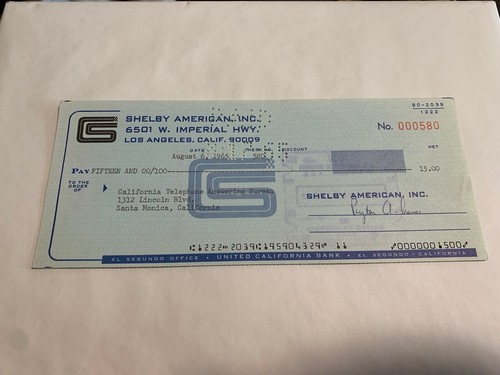 1965 Original Shelby American Signed Check Telephone Bureau Peyton ...