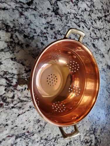 Vintage COPPER COLANDER 6" Berry Strainer Brass Feet & Handles Clean ...