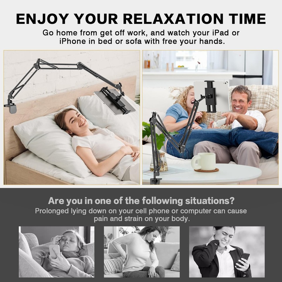 Tablet Holder for Bed, Adjustable iPad Bed Stand with 360° Rotation, 37 ...