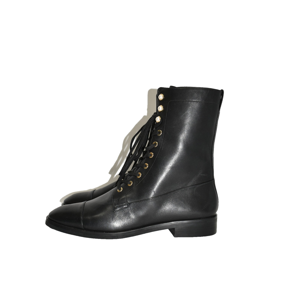 $750 Stuart Weitzman Laine Pearl Leather Combat Boot BLACK GOLD 11.5 ...