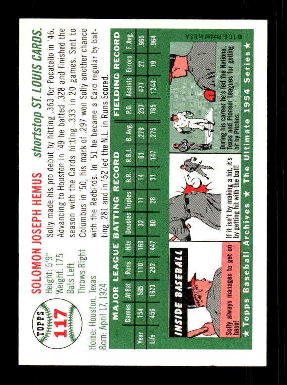 SOLLY HEMUS SIGNED 1954 TOPPS REPRINT SERIES #117 ON-CARD AUTO - ST ...