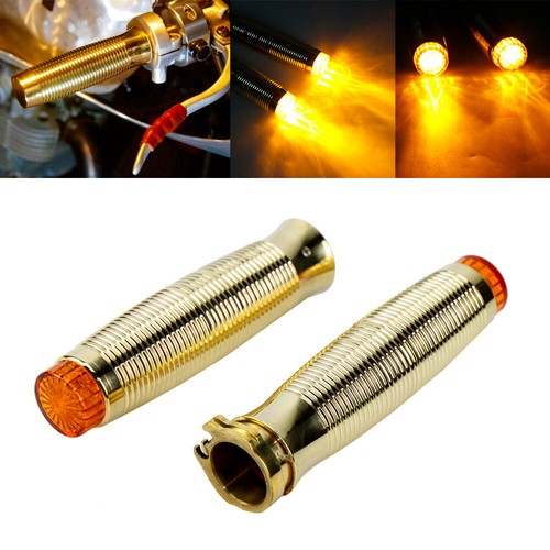 For Harley Chopper 1'' Bars Brass Handlebar End Hand Grips W/LED Amber ...