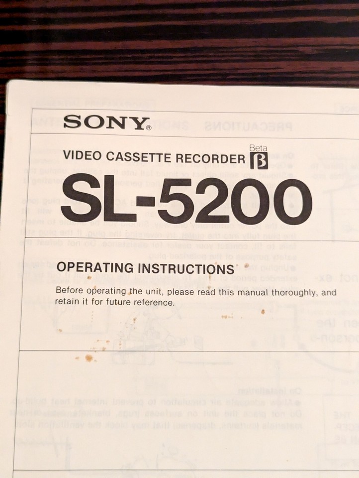 Original Operating Manual For Sony SL-5200 BETA Video Cassette Recorder ...