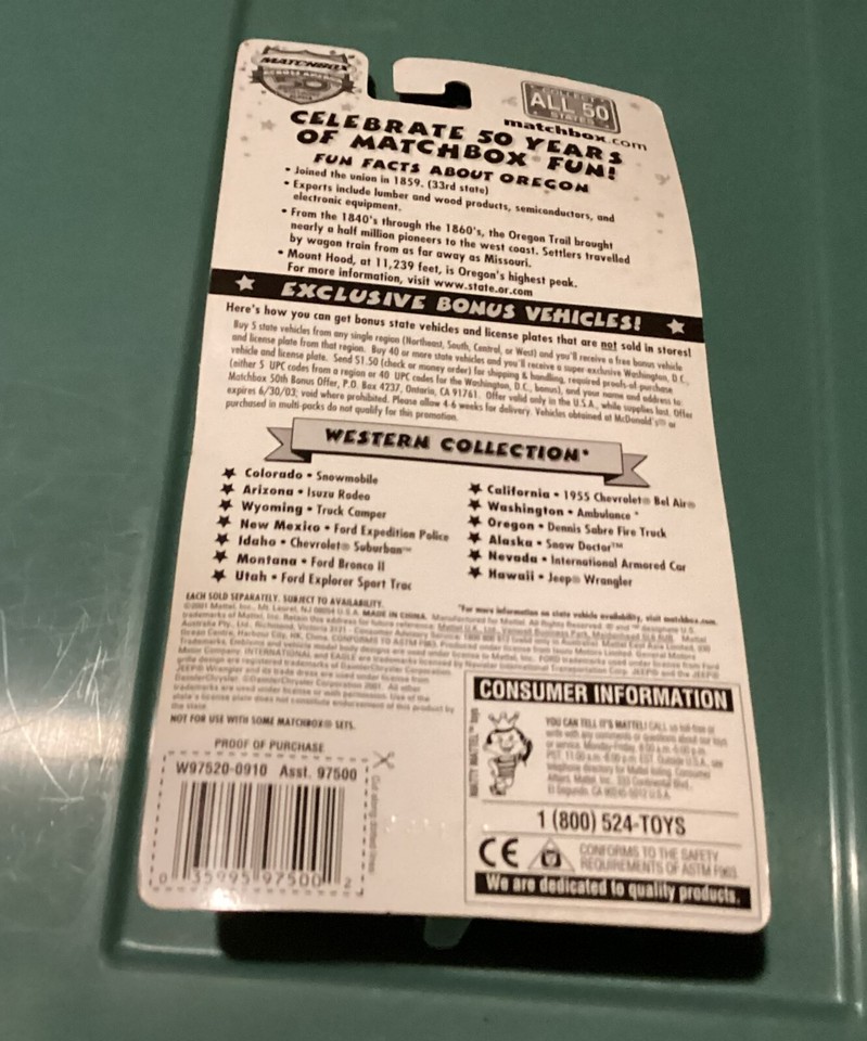 Mattel Matchbox Across America 50th Birthday Cars Oregon Dennis Sabre ...