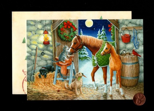 HTF CHRISTMAS Horses Cat Dogs Lantern Moon Saddle Trees - Greeting Card ...