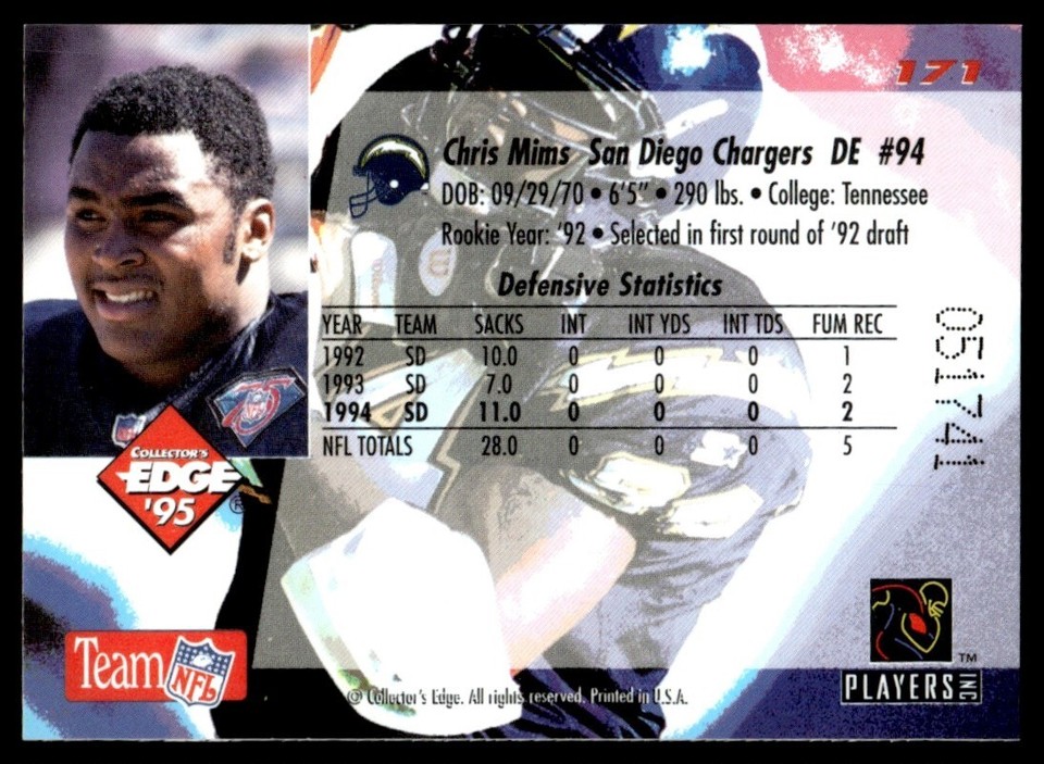 1995 Collector's Edge #171 Chris Mims San Diego Chargers | eBay