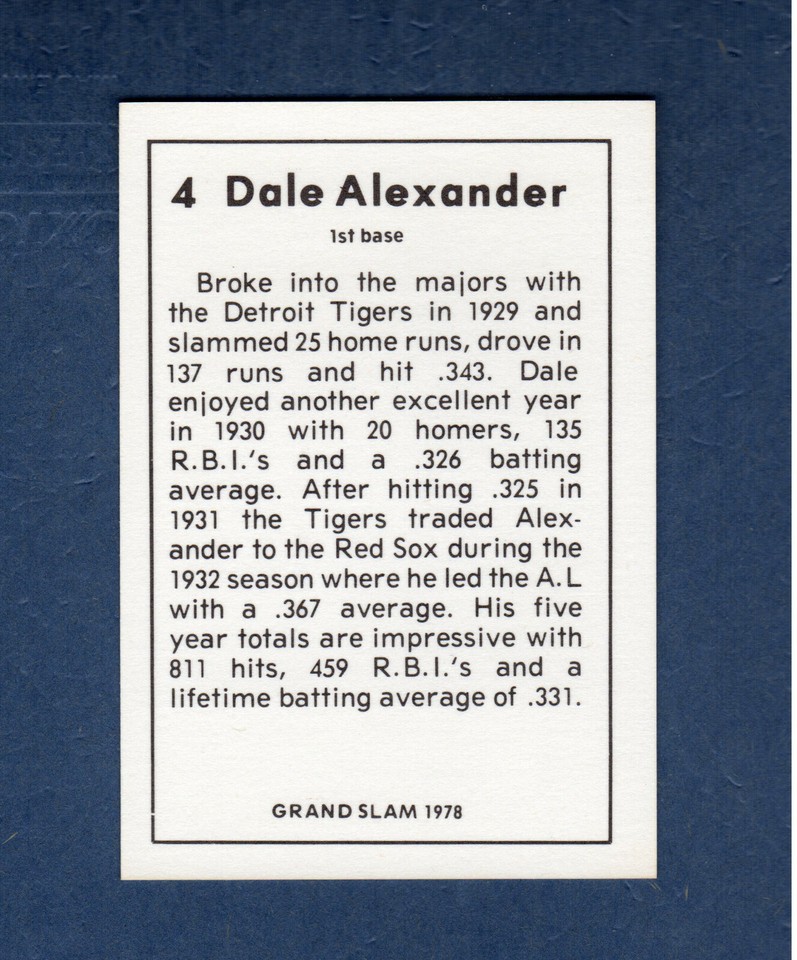 #4 DALE ALEXANDER, Detroit Tigers | 1978 Grand Slam / A Jack Wallin ...