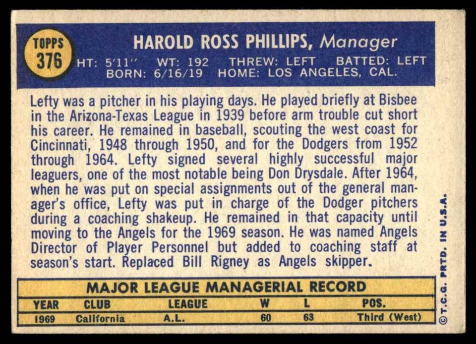 1970 Topps LEFTY PHILLIPS #376 Angels Manager corner wear FREE Ship! | eBay