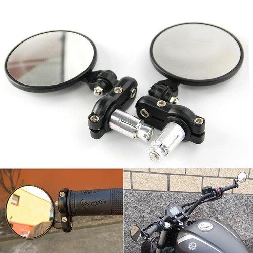 Black Motorcycle 3" Round 7/8" Handle Bar End Rear View Side Mirrors ...