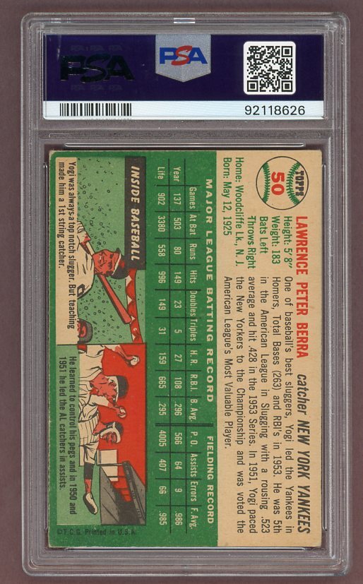 1954 TOPPS # 50 YOGI BERRA YANKEES PSA 4 VG-EX SET BREAK 502961 ...