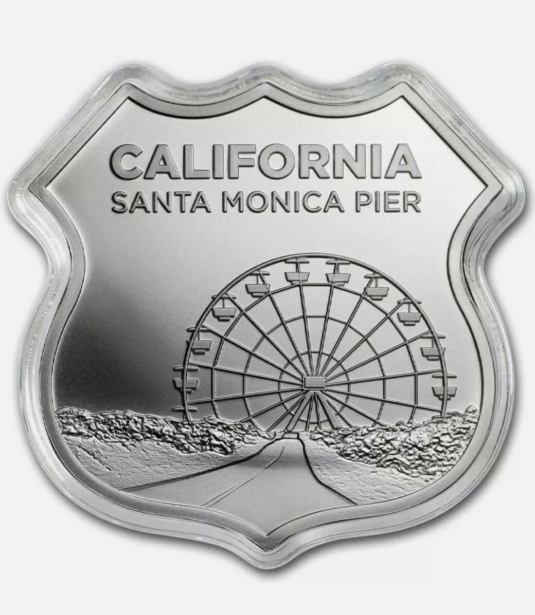 1 OZ SILVER ICONS OF ROUTE 66 SHIELD CALIFORNIA SANTA MONICA PIER IN ...