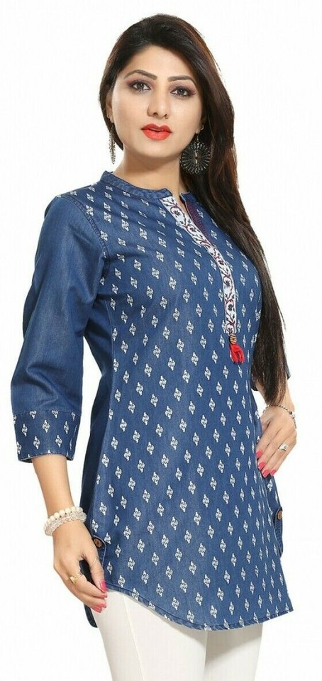 Denim Cotton Printed Designer Tunic Women Ethnic Kurti Tunic Shirt ...