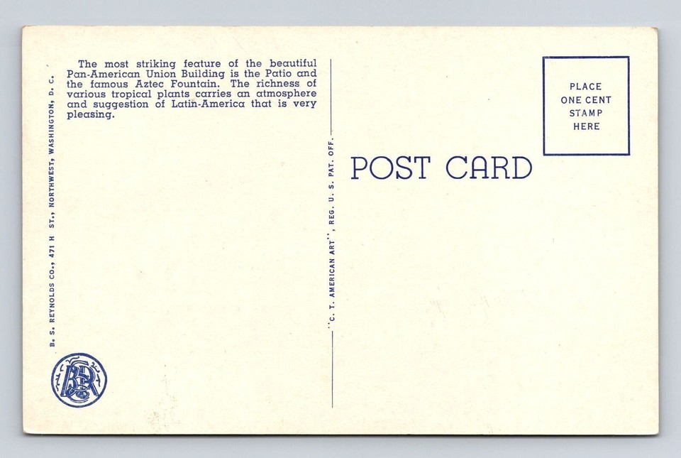 Washington DC, Pan American Union, Patio, Aztec Fountain Vintage Card ...