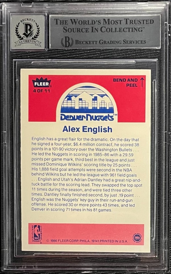 ALEX ENGLISH SIGNED 1986 FLEER STICKERS #4 BECKETT GEM MINT AUTO GRADE ...