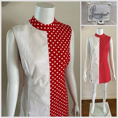1960s Loungees Babydoll Mini Tennis Dress Playsuit Romper Mod Polka Dot ...