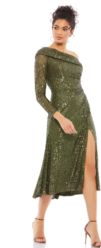 MAC DUGGAL 26551 ONE SHOULDER SEQUIN LONG SLEEVE OLIVE MIDI DRESS sz 8 ...