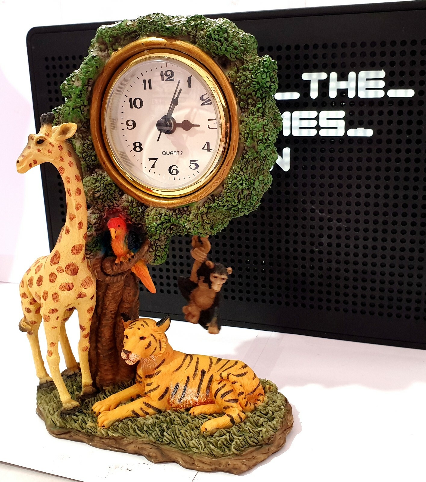African Safari Jungle ART Statue Quartz CLOCK Tiger Giraffe & Monkey ...