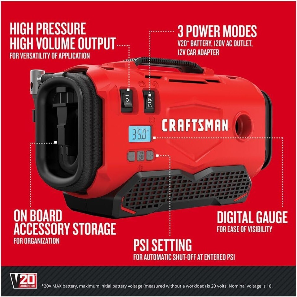 CRAFTSMAN V20 Tire Inflator, Portable Air Compressor, 3 Modes: Cordless ...