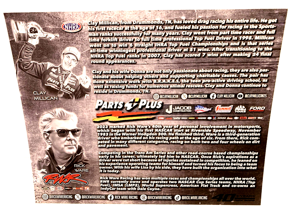 2024 CLAY MILLICAN RWR COMP CAMS/ELDEBROCK NHRA TOP FUEL POSTCARD RARE ...