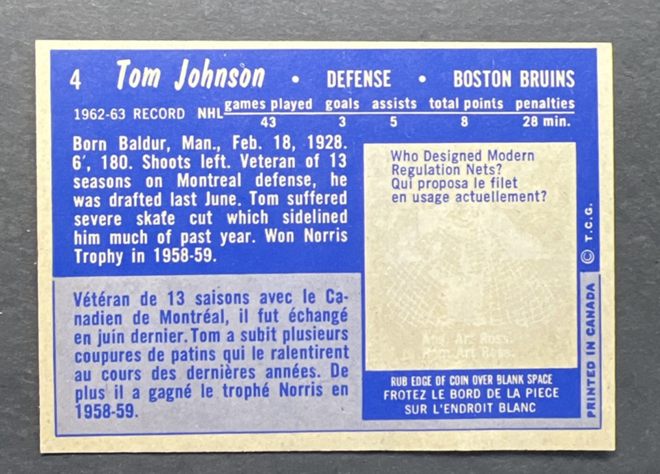 1963-64 Topps Hockey TOM JOHNSON #4 - BOSTON BRUINS HOF | eBay