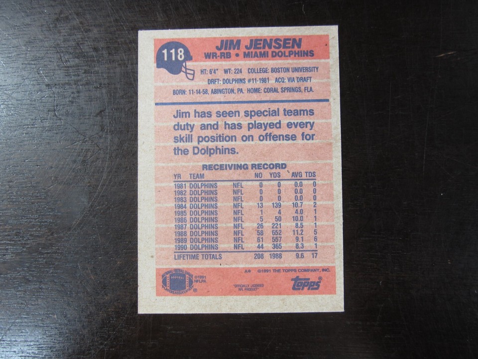 1991 Topps # 118 Jim Jensen Autograph Signed Auto Card (M2) Miami ...