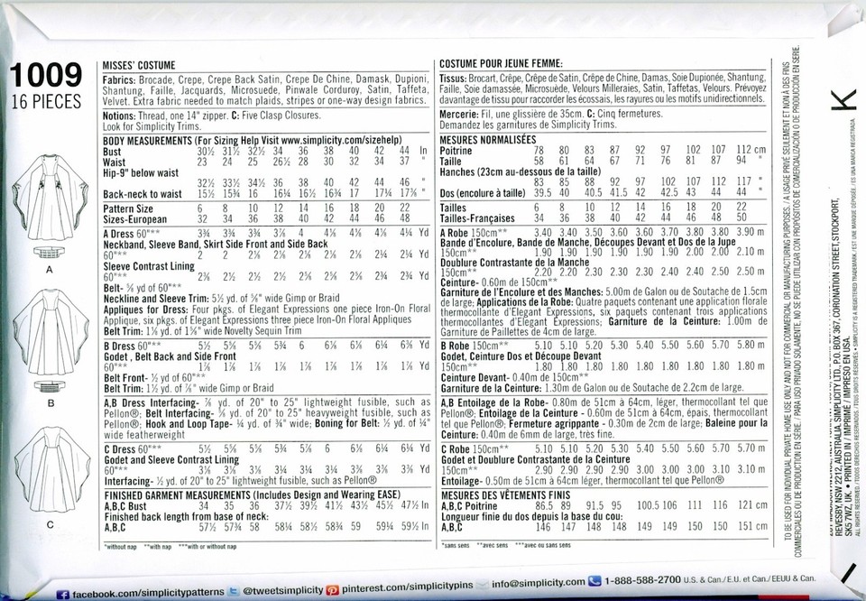 Simplicity 1009 Cosplay Medieval Fantasy Gown Costume Sewing Pattern ...