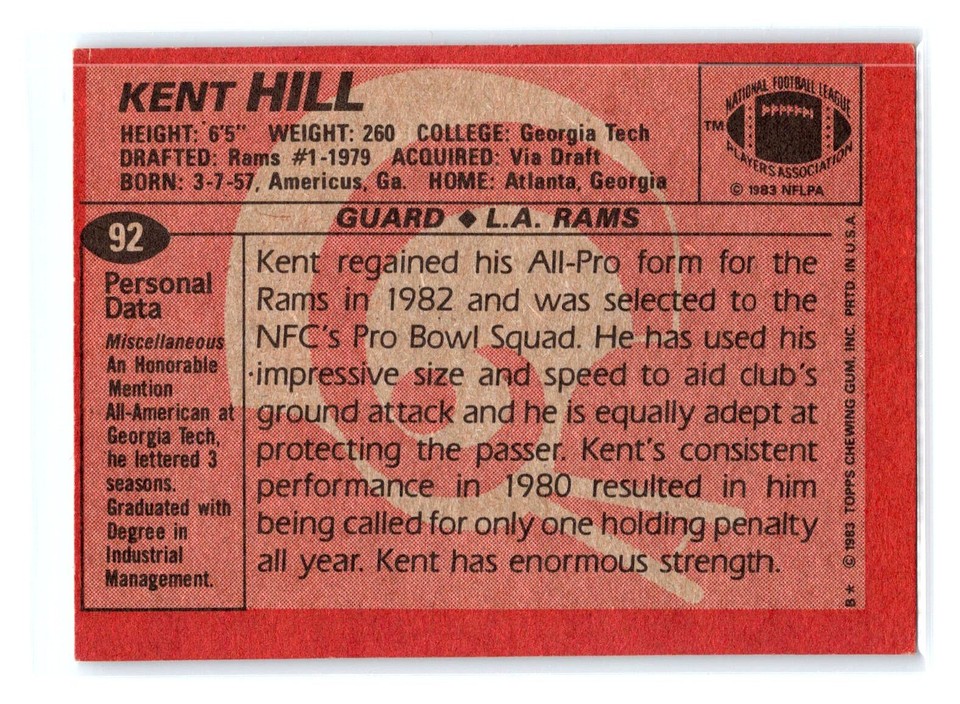 1983 Topps NFC Pro Bowl #92 Kent Hill Los Angeles Rams | eBay