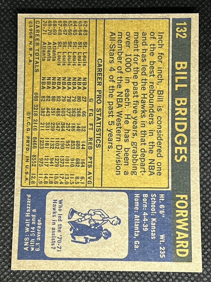 Bill Bridges 1971-72 Topps #132 Atlanta Hawks | eBay