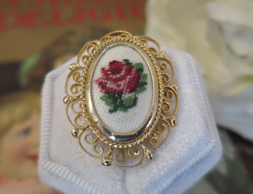 Gorgeous Vintage goldtone filigree Petit Point red Rose Brooch (466) | eBay