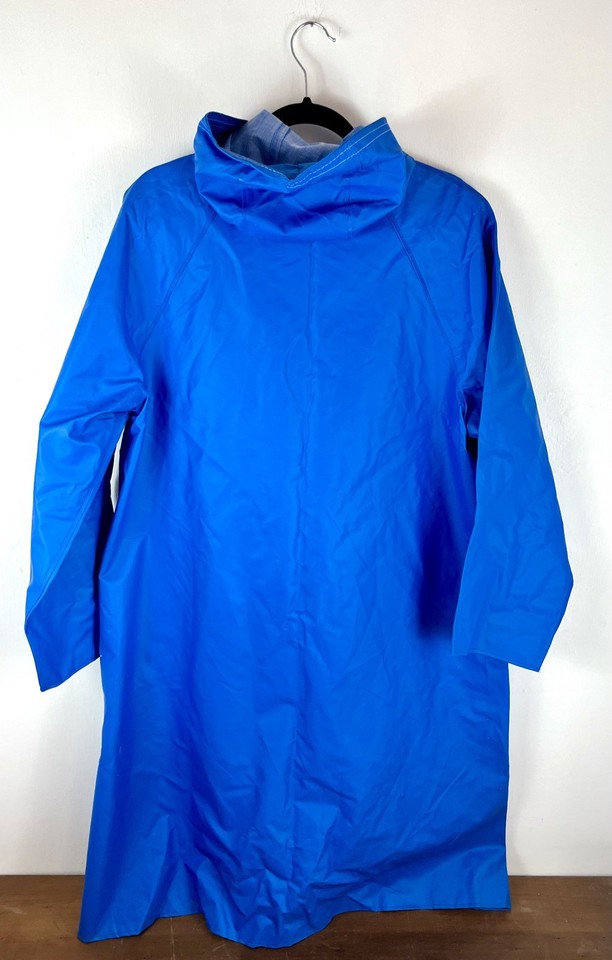 Vintage 80s PVC bright blue rain coat, long mac size M/L hooded walking ...