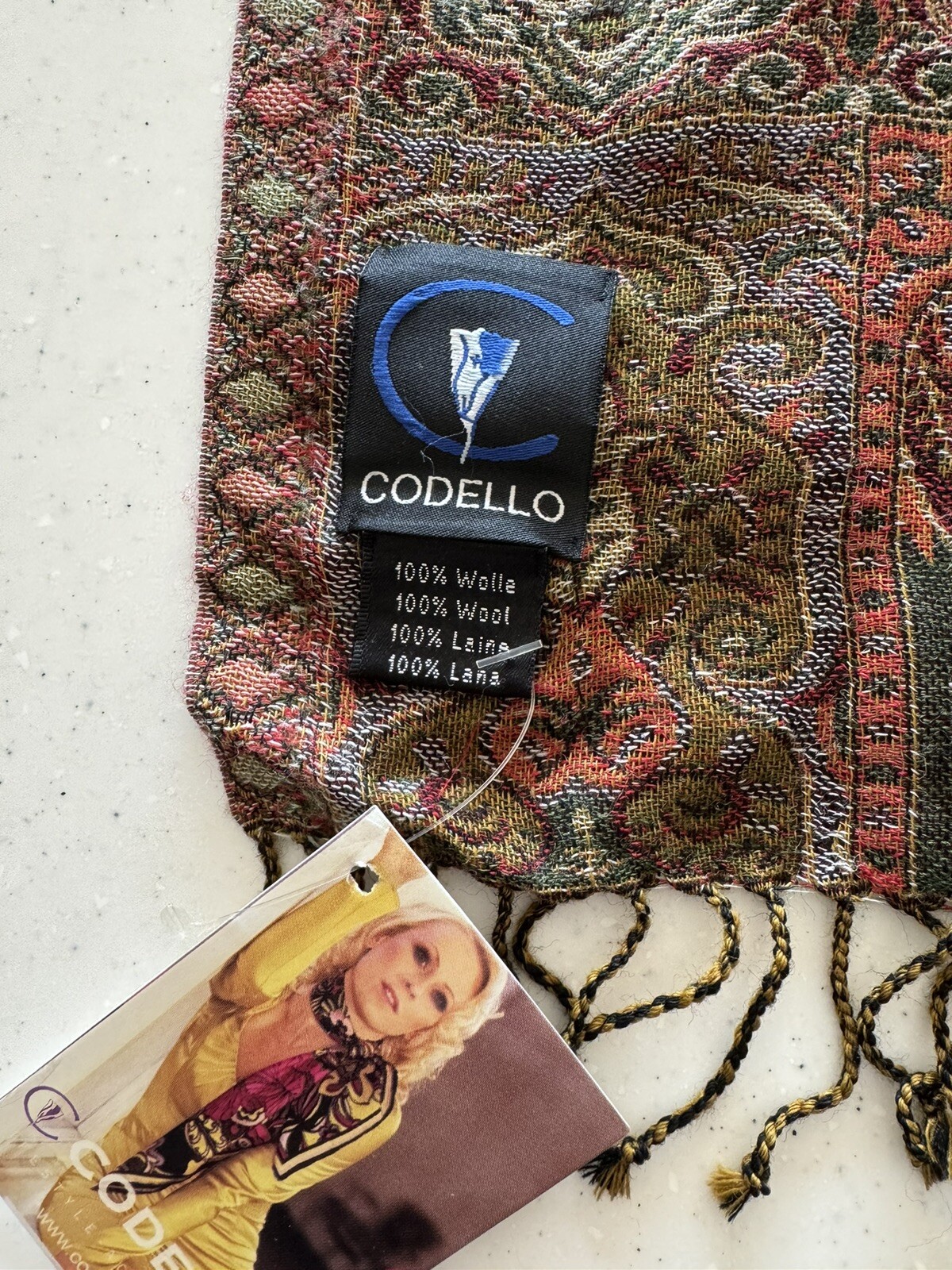 Codello green brown paisley oriental 100% wool scarf pashmina stole ...