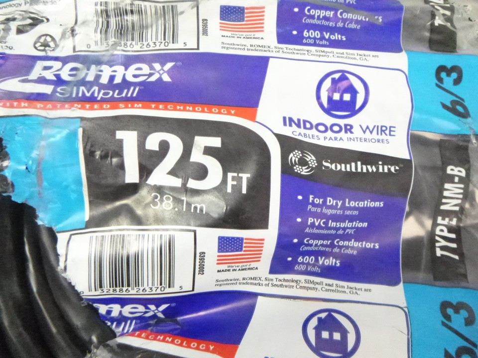 125' Southwire 6/3 Copper Black Stranded Type NM-B W/Ground Wire Cable ...
