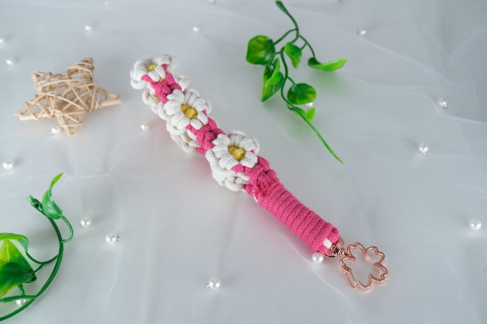 Macrame Flower Wristlet Phone Strap Short Wristlet Keychain Charm ...