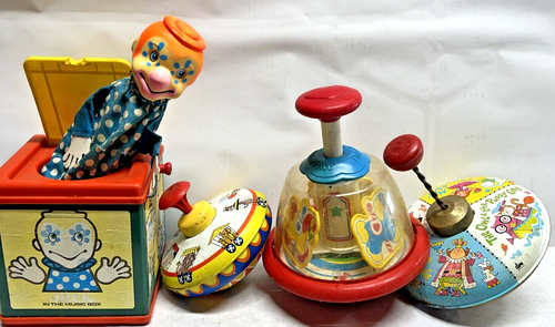 Vintage toy lot Tin top tops Mattel ohio chien fisher price jack in the ...