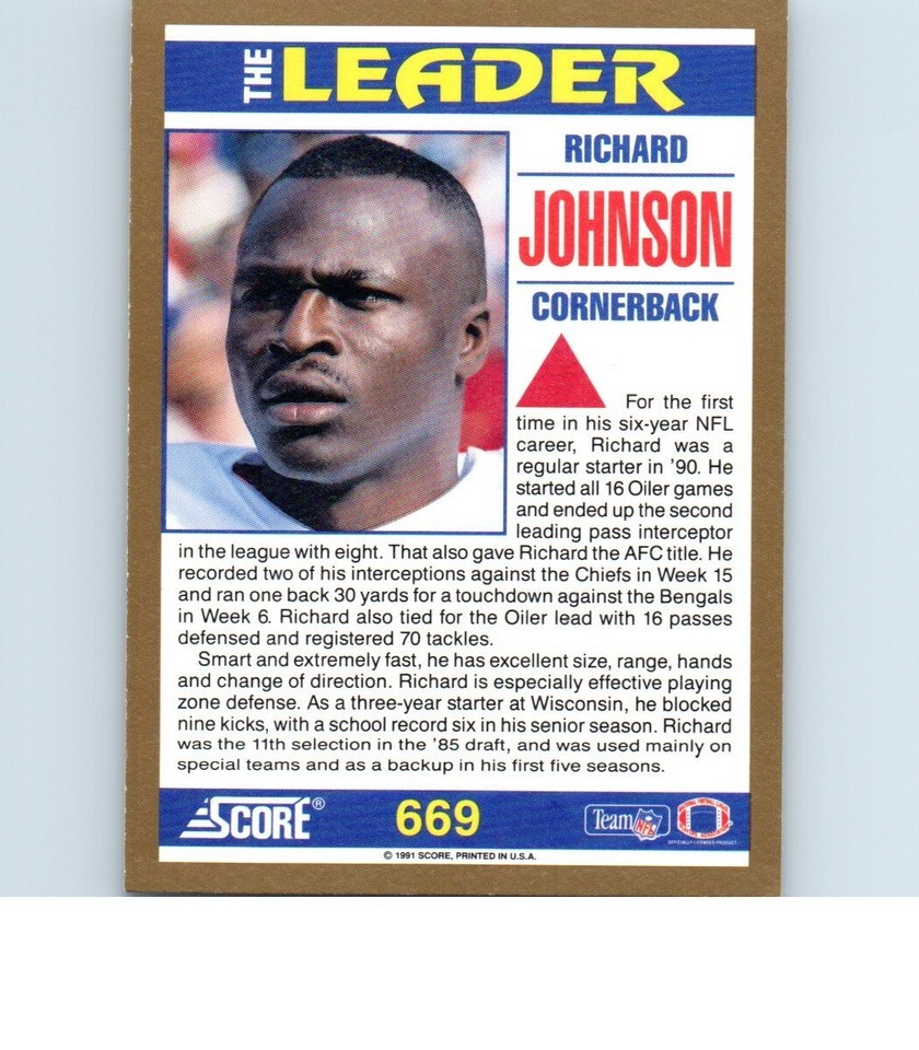 1991 Oilers The Leader Richard Johnson 669 Score Football Trading Card ...