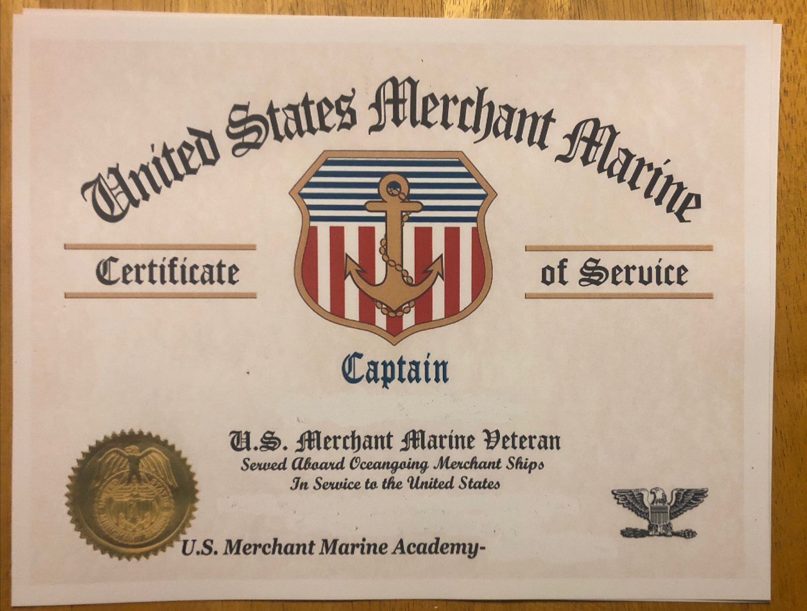 U.S. Merchant Marine - Veteran-Certificate-Comes Blank-Fill In Own Info ...