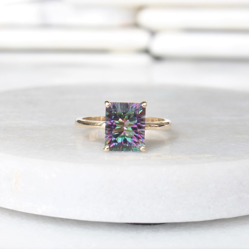 3.50 Cts Emerald Cut Rainbow Mystic Topaz Engagement Ring 14k Yellow ...