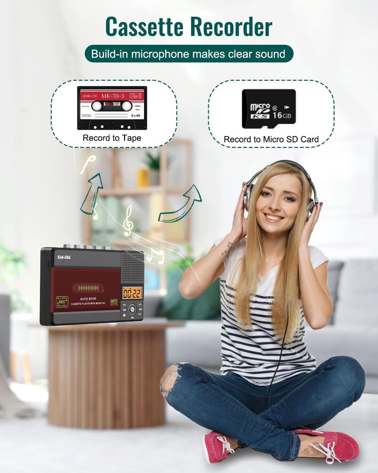 Small Cassette Tape Player, USB C or SD Card Audio Cassette to MP3 ...